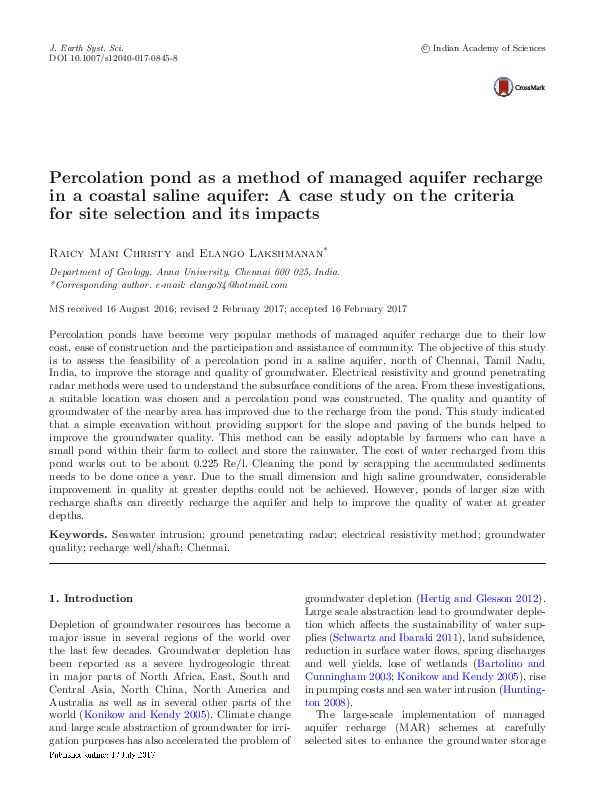 (PDF) Percolation pond as a method of managed aquifer recharge in a ...