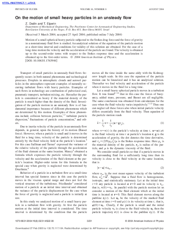 (PDF) On the motion of small heavy particles in an unsteady flow