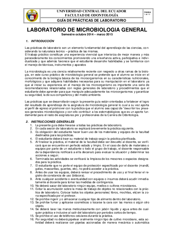 (PDF) UNIVERSIDAD CENTRAL DEL ECUADOR FACULTAD DE ODONTOLOGÍA GUÍA DE PRÁCTICAS DE LABORATORIO ...