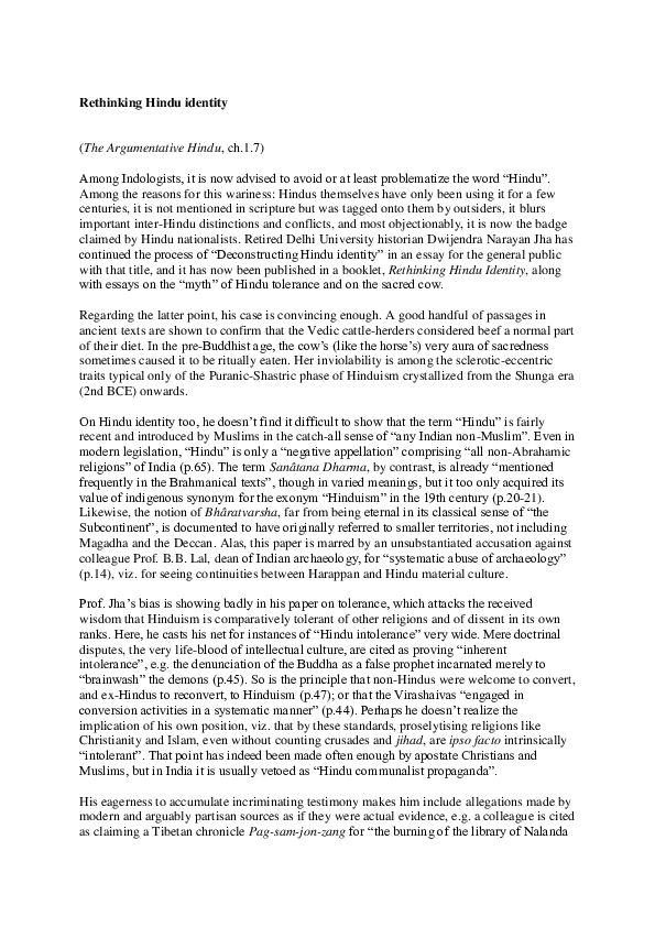 (DOC) Rethinking Hindu Identity. By D.N. Jha. London/Oakville: Equinox, 2009. 100 pp., $85 ...