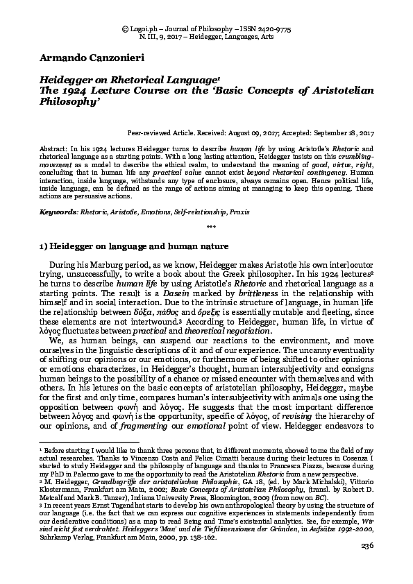 (PDF) Heidegger on Rhetorical Language 1 The 1924 Lecture Course on the ...