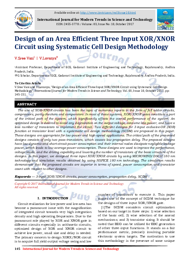 Pdf Design Of An Area Efficient Three Input Xorxnor Circuit Using Systematic Cell Design 