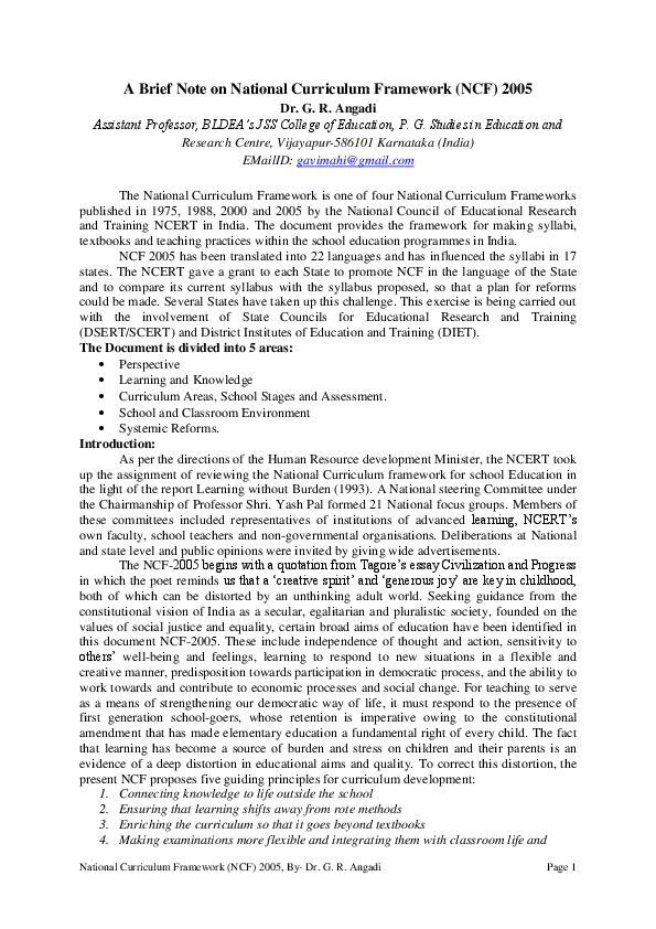 (PDF) A Brief Note on National Curriculum Framework (NCF) 2005