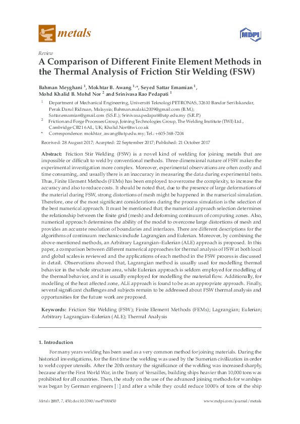 (PDF) metals A Comparison of Different Finite Element Methods in the Thermal Analysis of ...