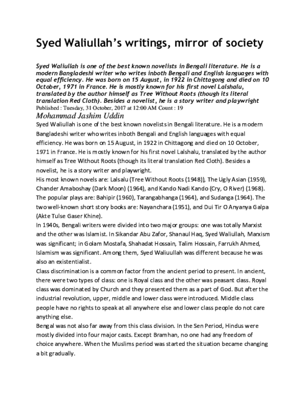 (PDF) Syed Waliullah's writings, mirror of society