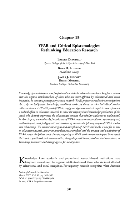 (PDF) YPAR and Critical Epistemologies: Rethinking Education Research