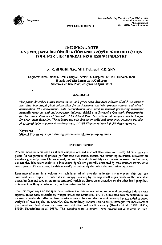 Pdf A Novel Data Reconciliation And Gross Error Detection Tool For The Mineral Processing Industry