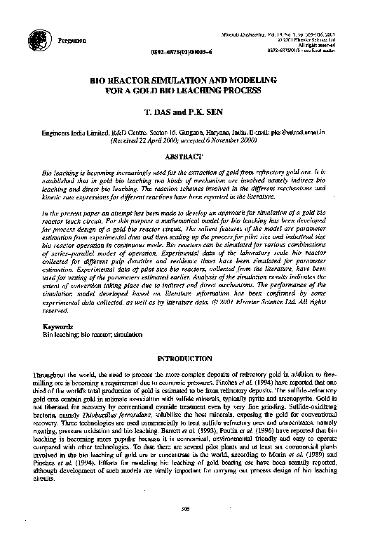 (PDF) Bio reactor simulation and modeling for a gold bio leaching process