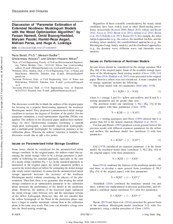 Pdf Discussion Of “parameter Estimation Of Extended Nonlinear Muskingum Models With The Weed
