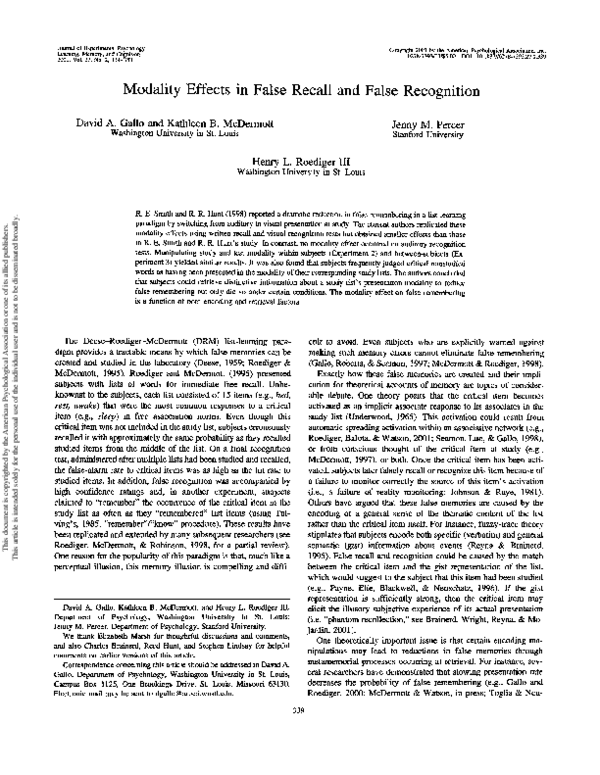 (PDF) Modality Effects in False Recall and False Recognition