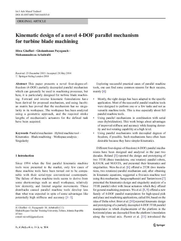 (PDF) Kinematic design of a novel 4-DOF parallel mechanism for turbine ...