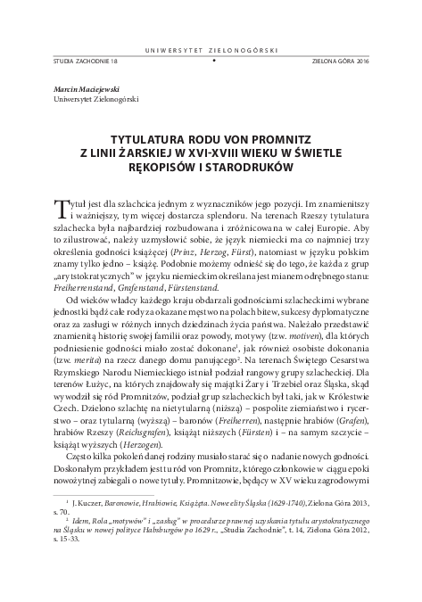 (PDF) Tytulatura rodu von Promnitz z linii żarskiej w XVI-XVIII wieku w ...
