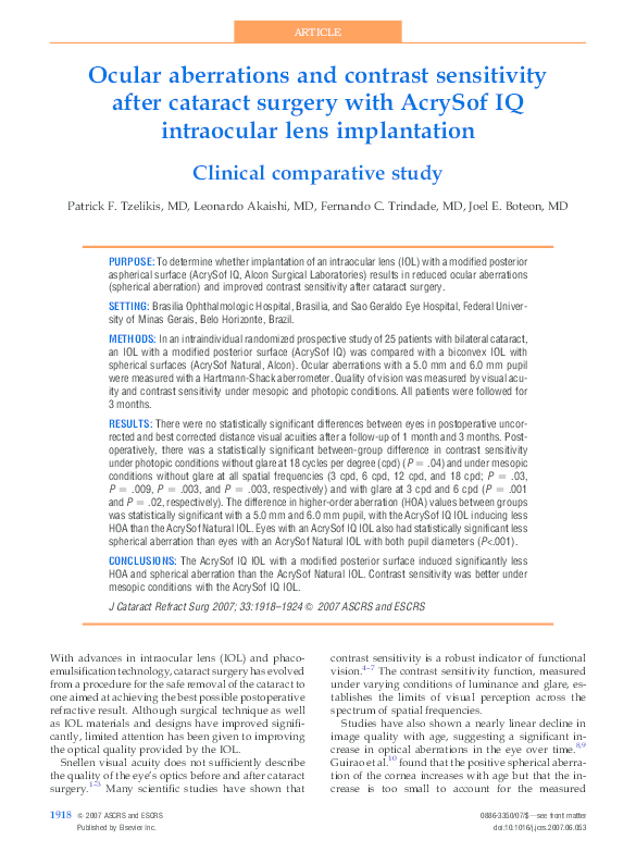 (PDF) Ocular aberrations and contrast sensitivity after cataract ...
