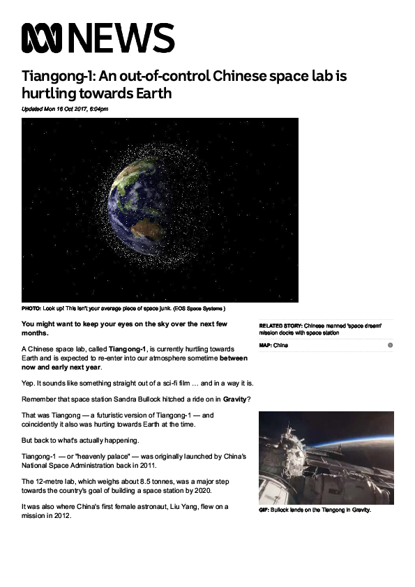 (PDF) Tiangong-1: An out-of-control Chinese s... (Australian Broadcasting Corporation | Alice ...