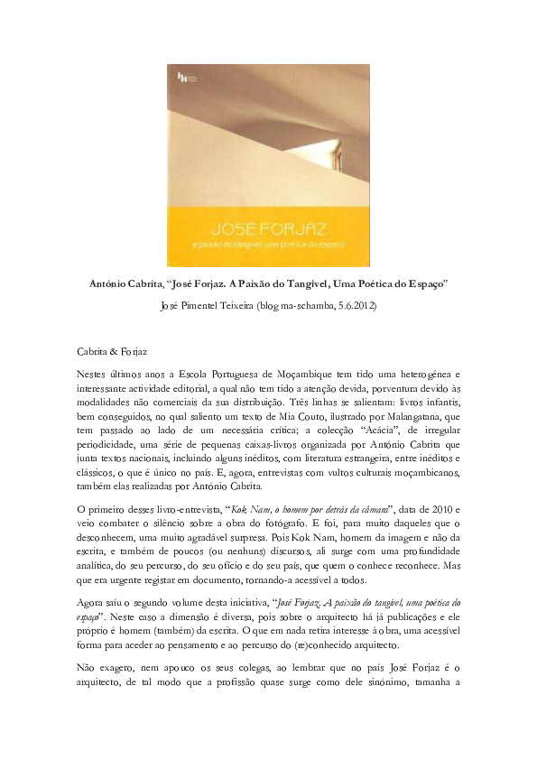 (PDF) "José Forjaz. A Paixão do Tangível, a Poética do Espaço", de ...