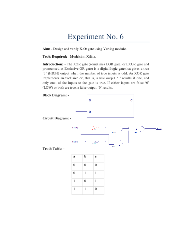Pdf Experiment No 6 Aim Design And Verify X Or Gate Using Verilog Module 7530