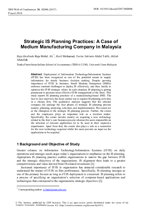 (PDF) Strategic IS Planning Practices: A Case of Medium Manufacturing ...