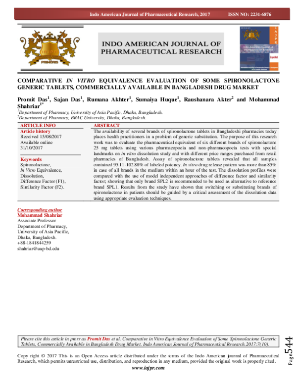 Pdf Comparative In Vitro Equivalence Evaluation Of Some Spironolactone Generic Tablets