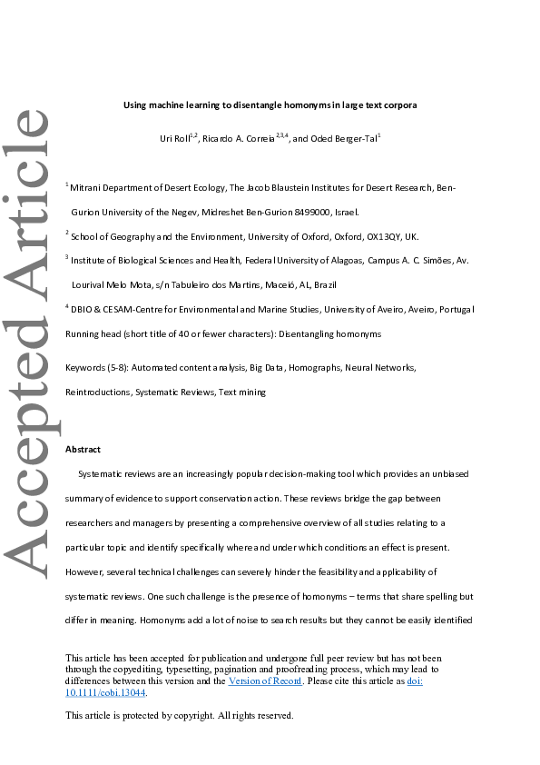 (PDF) Using machine learning to disentangle homonyms in large text corpora