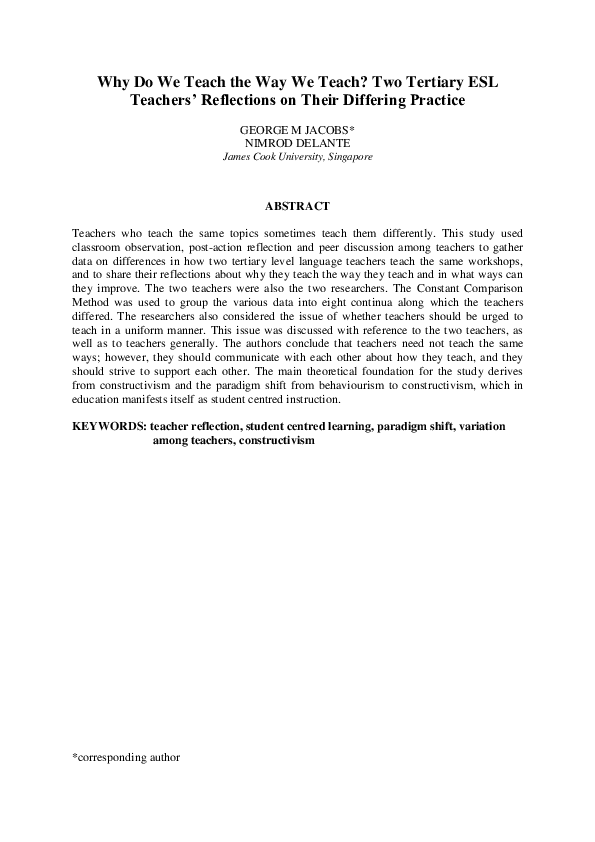 (PDF) Why do we teach the way we teach? Two tertiary ESL teachers ...