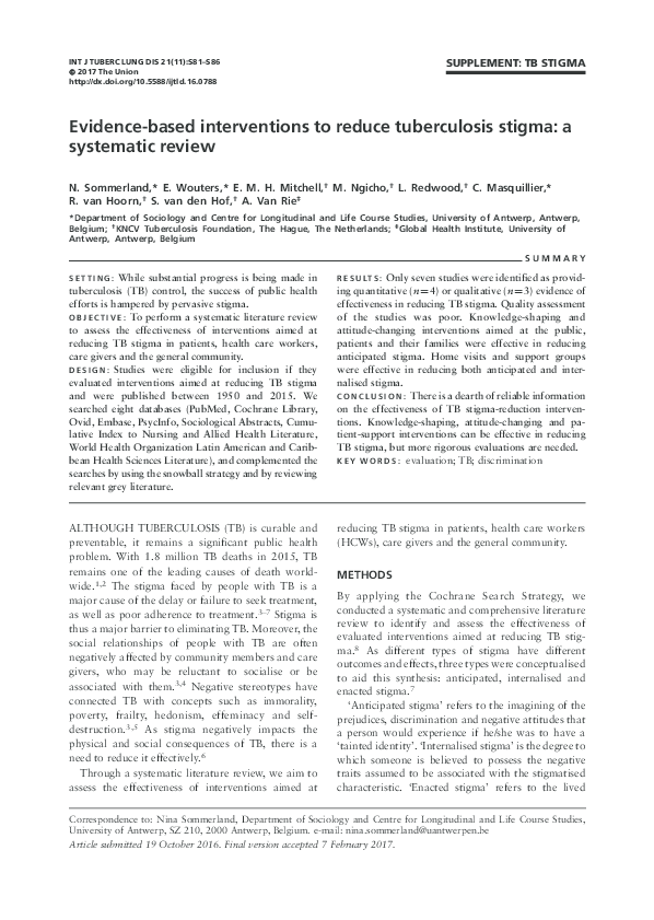 (PDF) Evidence-based interventions to reduce tuberculosis stigma: a ...