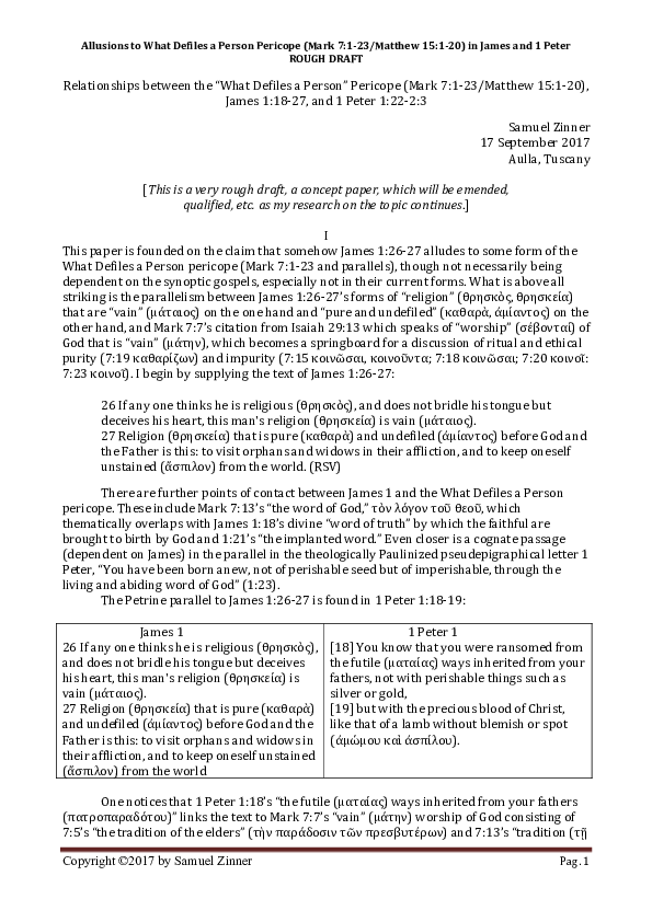 (PDF) Allusions to What Defiles a Person Pericope (Mark 7:1‐23/Matthew ...