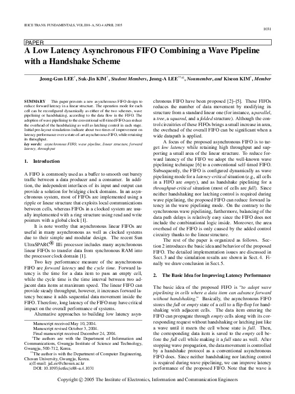 Pdf A Low Latency Asynchronous Fifo Combining A Wave Pipeline With A