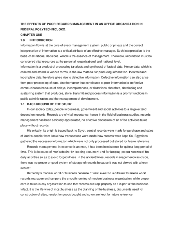(DOC) THE EFFECTS OF POOR RECORDS MANAGEMENT IN AN OFFICE ORGANIZATION IN