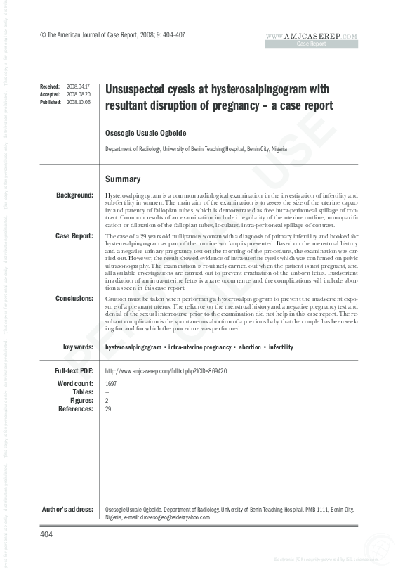 (PDF) Unsuspected cyesis at hysterosalpingogram with resultant ...