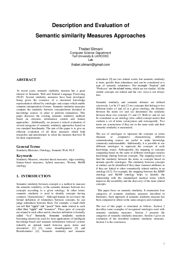 (PDF) Description and Evaluation of Semantic Similarity Measures Approaches