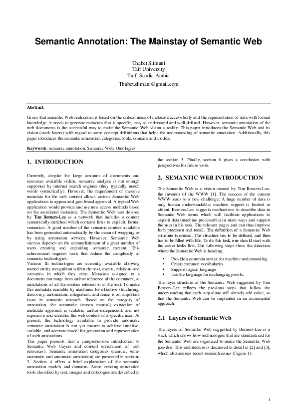 (PDF) Semantic Annotation: The Mainstay of Semantic Web
