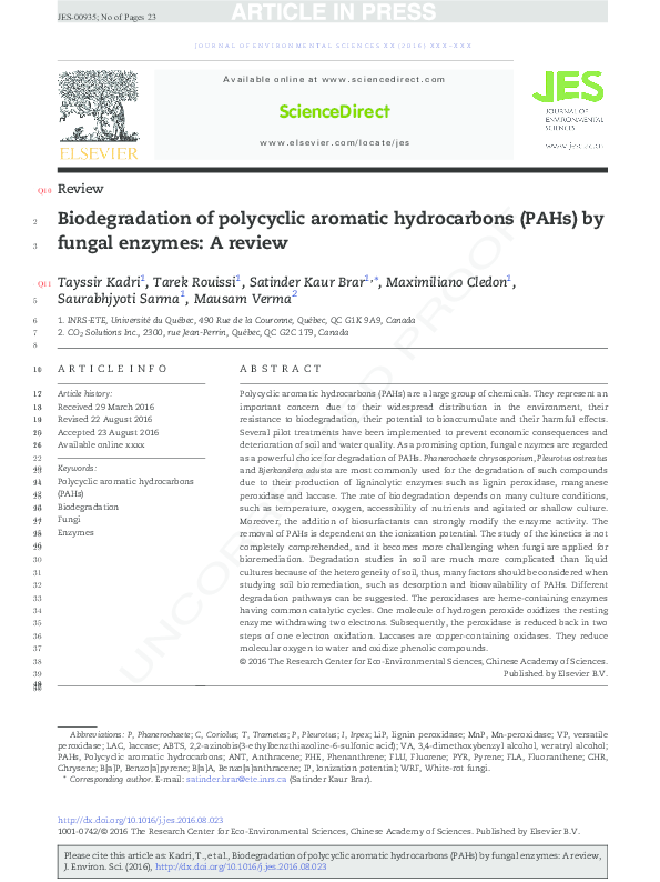 (PDF) Biodegradation of polycyclic aromatic hydrocarbons (PAHs) by fungal enzymes: A review