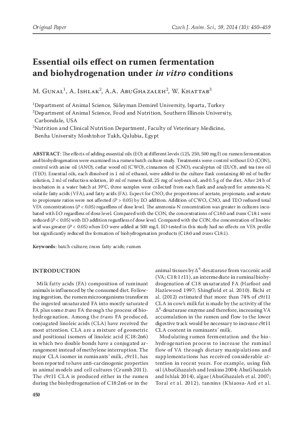 (PDF) Essential oils effect on rumen fermentation and biohydrogenation ...