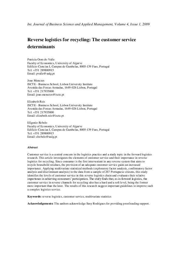 (PDF) Reverse logistics for recycling: The customer service determinants