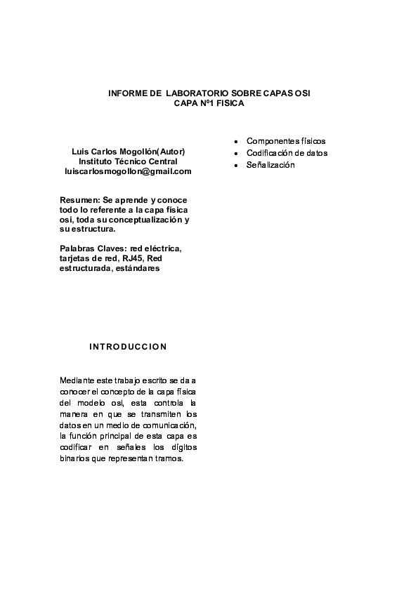 Pdf Informe De Laboratorio Sobre Capas Osi Capa Nº1 Fisica Luis