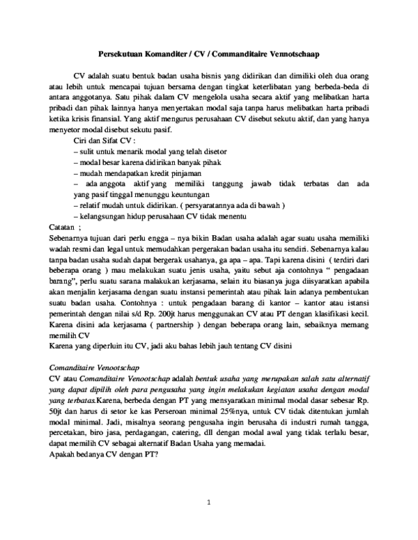 (DOC) Persekutuan Komanditer / CV / Commanditaire Vennotschaap