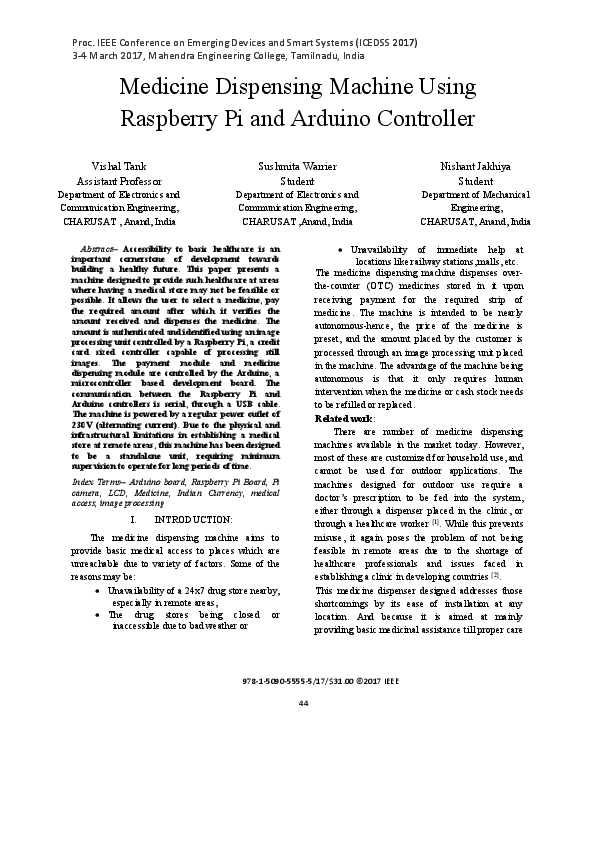 (PDF) Medicine Dispensing Machine Using Raspberry Pi and Arduino Controller