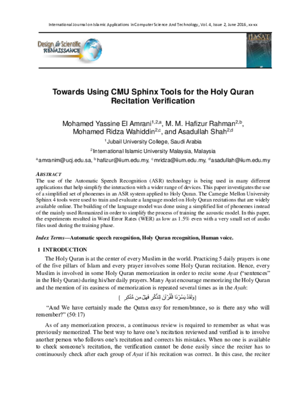 (PDF) Towards Using CMU Sphinx Tools for the Holy Quran Recitation ...