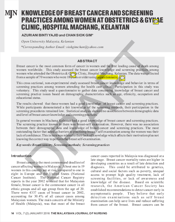 (PDF) KNOWLEDGE OF BREAST CANCER AND SCREENING PRACTICES AMONG WOMEN AT ...