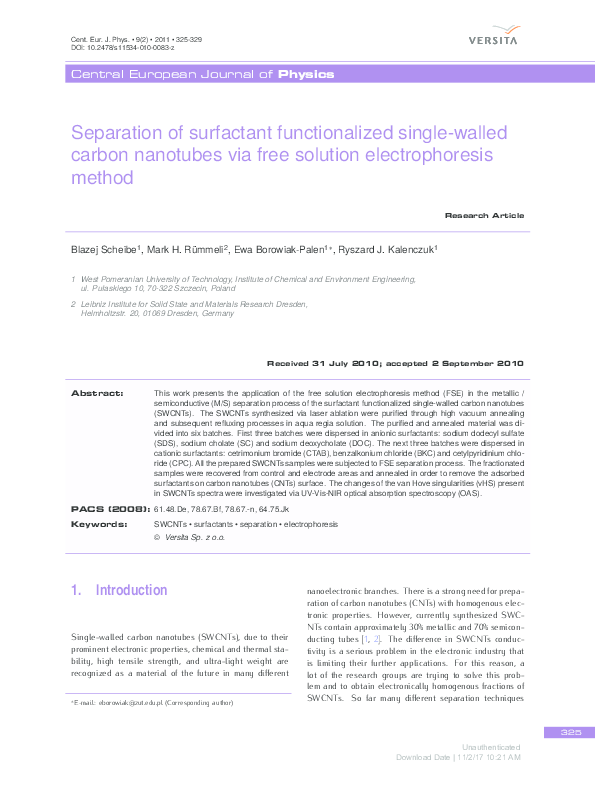 (PDF) Separation of surfactant functionalized single-walled carbon nanotubes via free solution ...