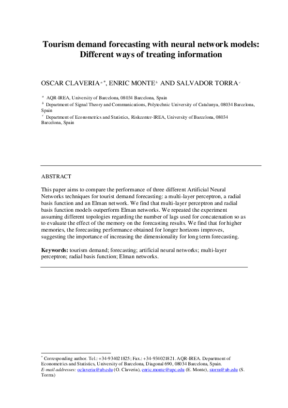 (PDF) Tourism demand forecasting with neural network models: Different ways of treating information