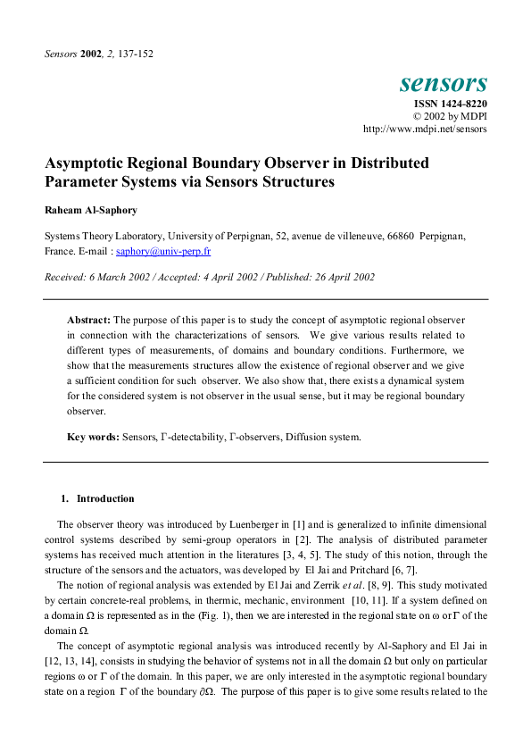 Pdf Asymptotic Regional Boundary Observer In Distributed Parameter Systems Via Sensors Structures