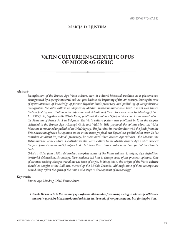 (PDF) VATIN CULTURE IN SCIENTIFIC OPUS OF MIODRAG GRBIĆ