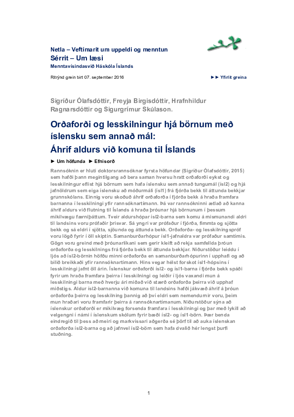 (PDF) Íslenskur orðaforði og lesskilningur hjá börnum með íslensku sem ...