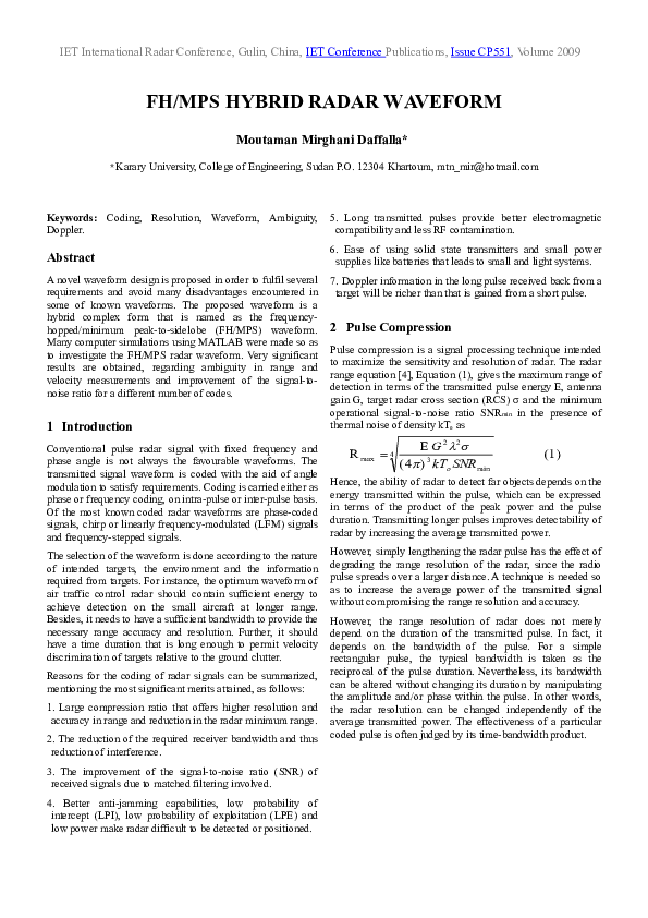 (DOC) FH/MPS HYBRID RADAR WAVEFORM | Moutaman Mirghani - Academia.edu