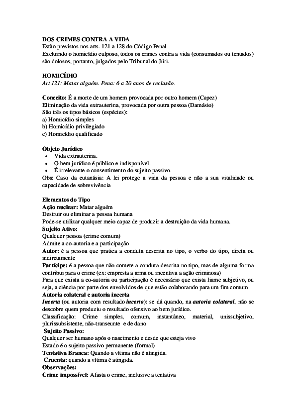 (DOC) DOS CRIMES CONTRA A VIDA