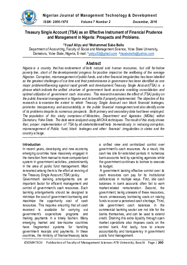 (PDF) Nigerian Journal of Management Technology & Development Treasury ...