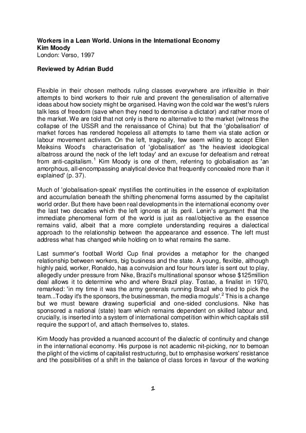 (PDF) Review of Kim Moody, "Workers in a Lean World. Unions in the ...