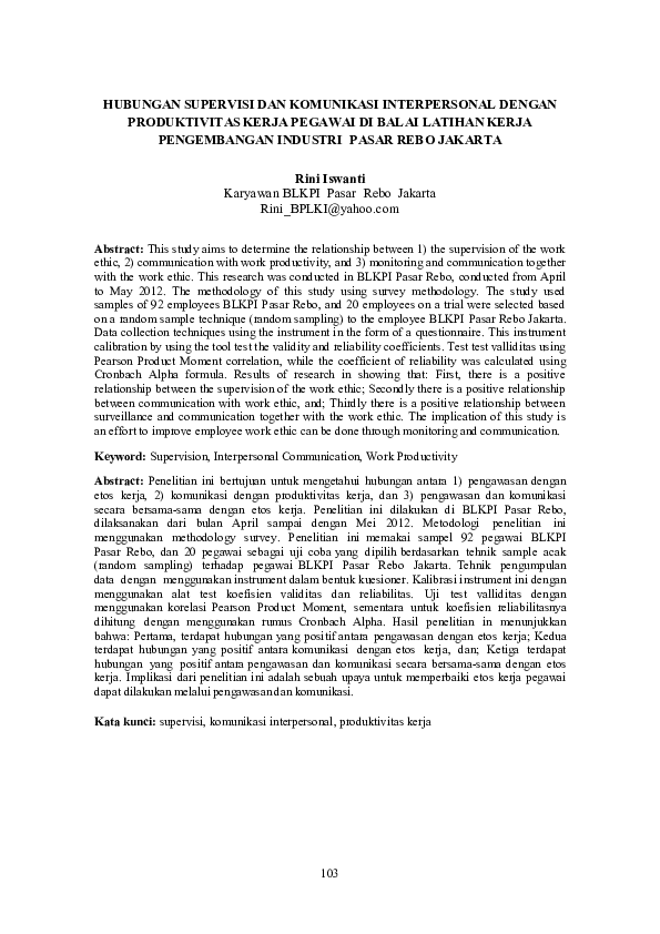 (PDF) HUBUNGAN SUPERVISI DAN KOMUNIKASI INTERPERSONAL DENGAN PRODUKTIVITAS KERJA PEGAWAI DI ...