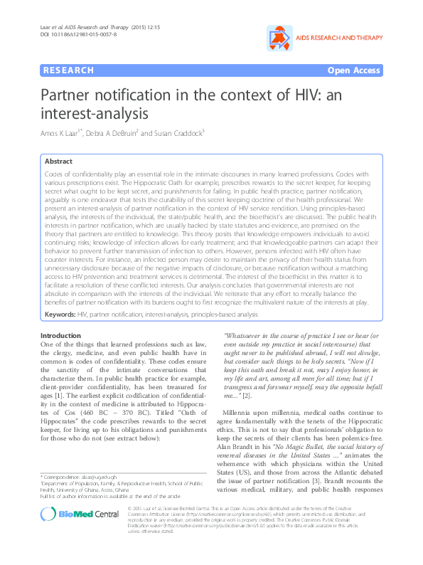 Partner notification in the context of HIV: an interest-analysis